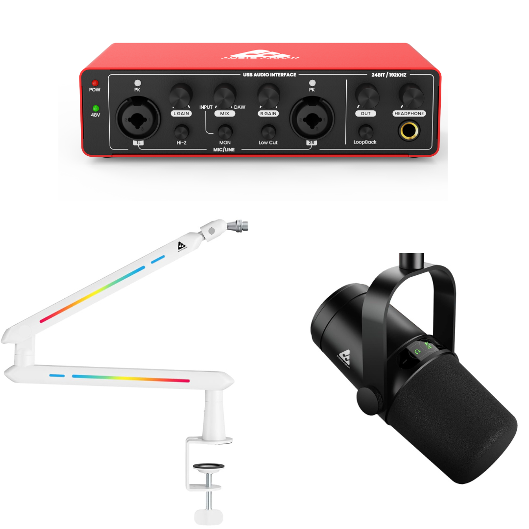 Podcasting Setup - Audio Interface, Dynamic Microphone & Boom Arms PB-